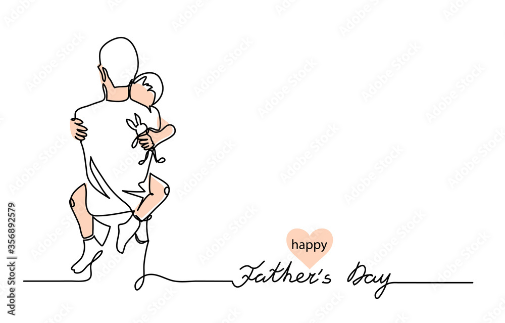 Hugs of a father with a child. One continuous line drawing banner ...