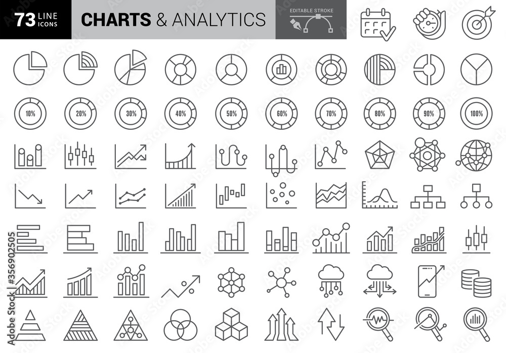 Charts and Diagrams line icons. Report, 3D Chart, Block diagram and Dot ...