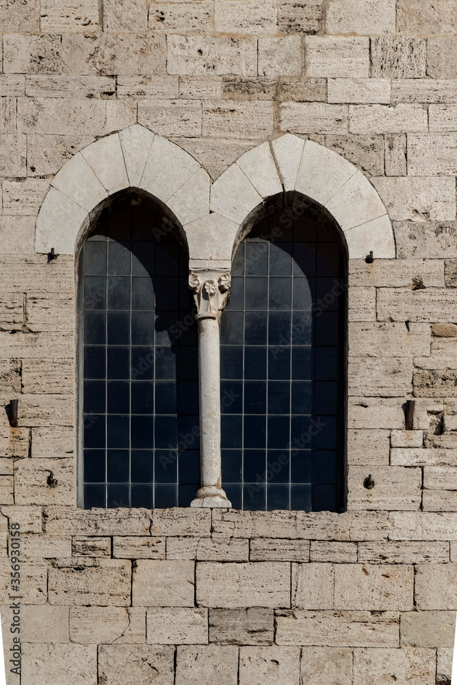 Medieval window, double lancet window, two windows separated by column ...