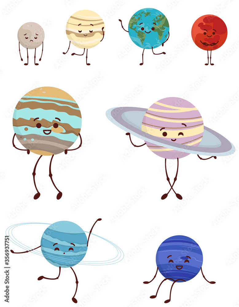 Planets of the solar system. Space characters in cartoon style. Stock ...