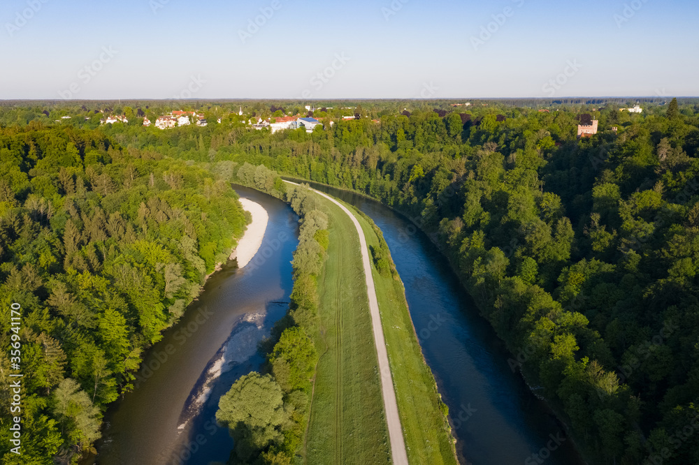 Pathway for sports between the Isar river and channel seen from a birds ...