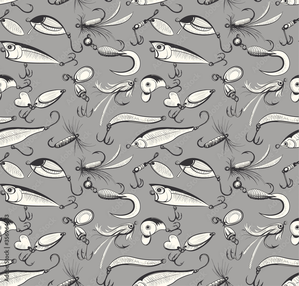 Fishing and fly fishing lures seamless pattern. Background or texture ...