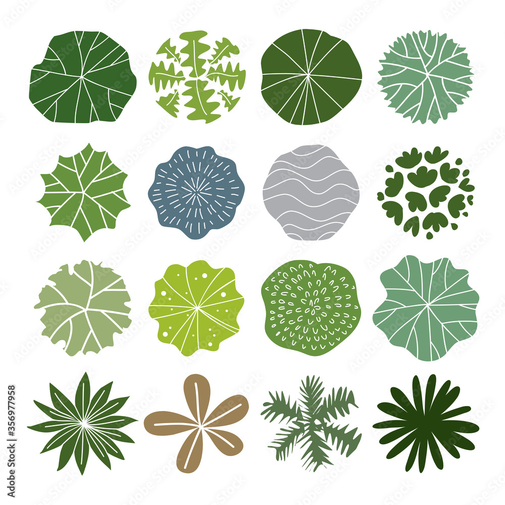 Tree top, tree plan - free hand drawn doodle top view trees for landscape plan. vector ...