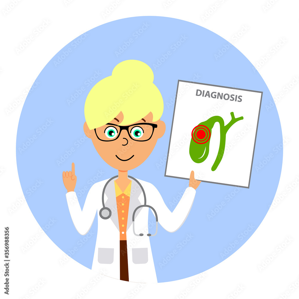 Cartoon female doctor character showing image of unhealthy gall bladder ...
