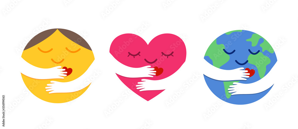 Set of emoticon Care emoji, heart emoji, earth emoji hugging yourself ...
