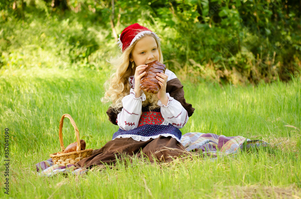 Little Red Riding Hood, girl, forest, summer, spring, crouched, looking ...