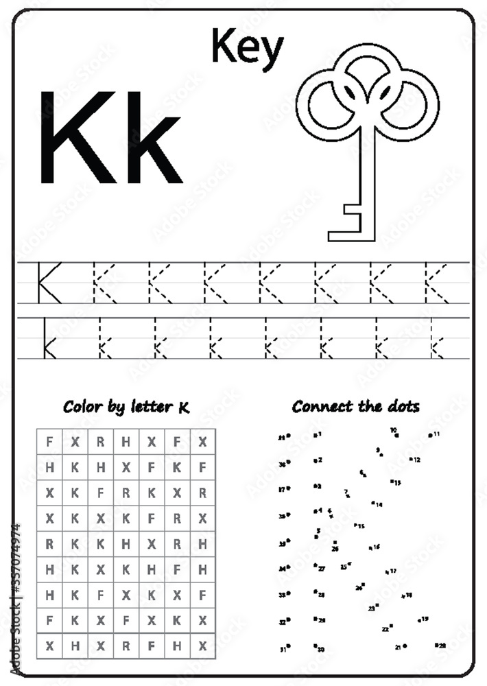 Writing A-Z, alphabet, exercises game for kids. Writing letter K Stock ...
