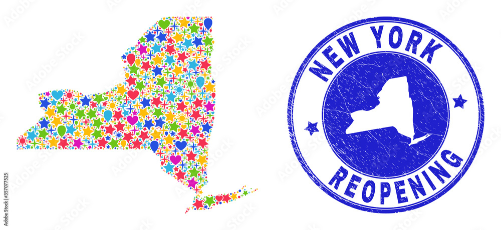 Vetor Celebrating New York State map collage and reopening rubber ...