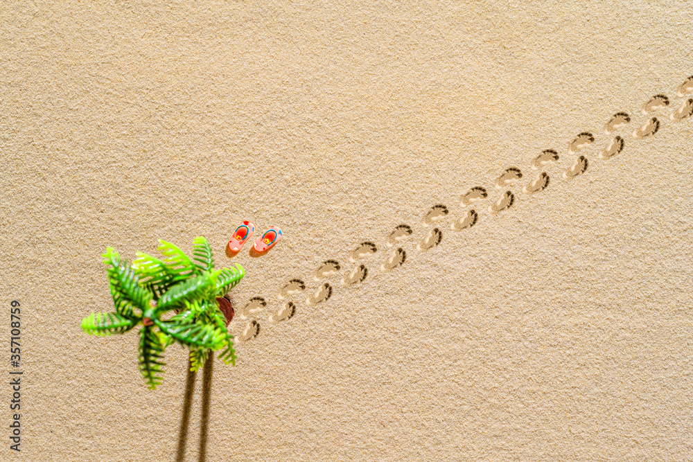One pair of flip flops under the palm tree and footprints on a sandy ...