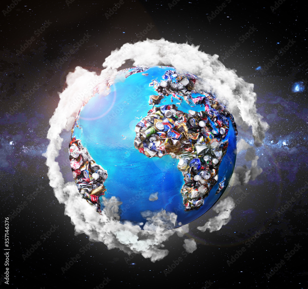 Pollution planet. Earth with trash in form of continents. 3d ...