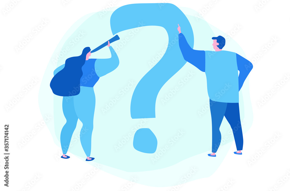 Question mark. Business people asking questions around a huge question ...