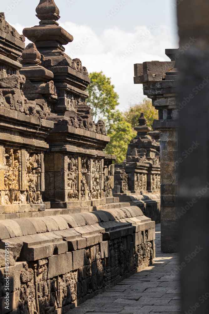 Corridors of the lower levels of the Borobudur temple in Central Java ...