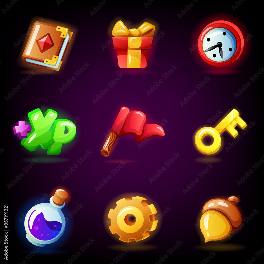 Mobile game icons set isolated on dark background. GUI elements for ...