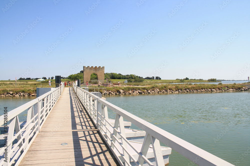 The Pilou foot bridge in of Villeneuve les Maguelone, a seaside resort ...