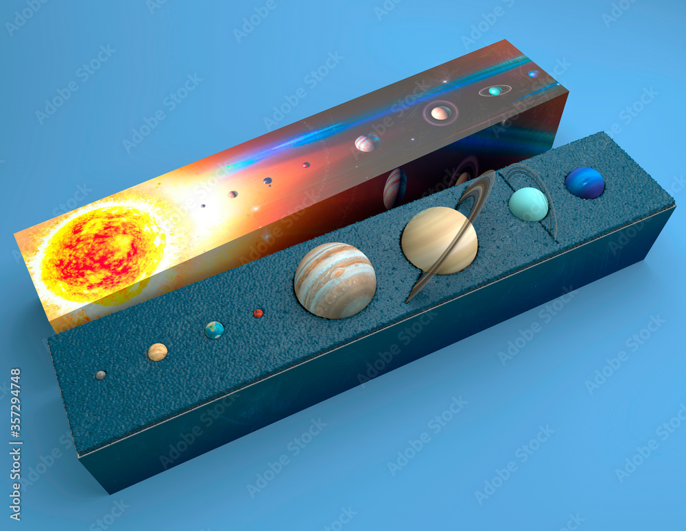 Solar system, box with models of the planets. Mercury, Venus, Earth ...