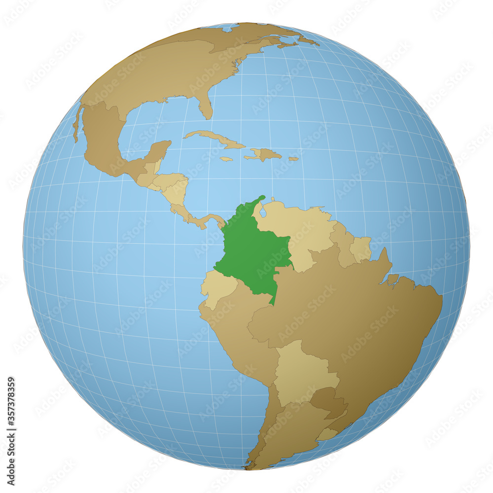 Globe centered to Colombia. Country highlighted with green color on ...
