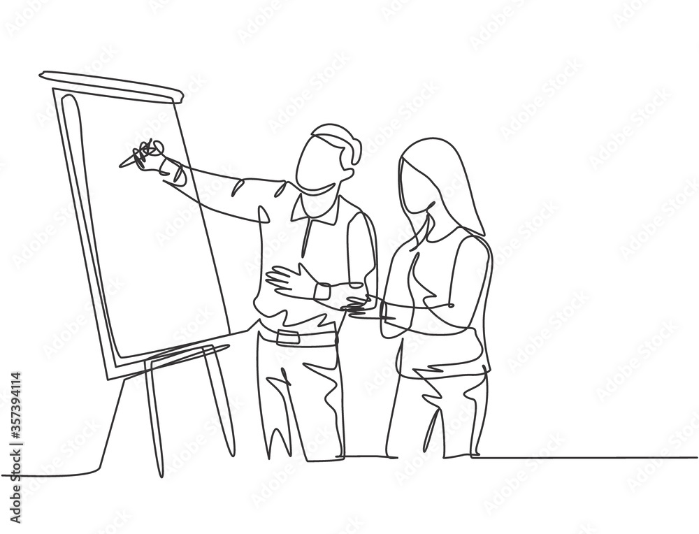 Single continuous line drawing of male CEO explaining business process ...