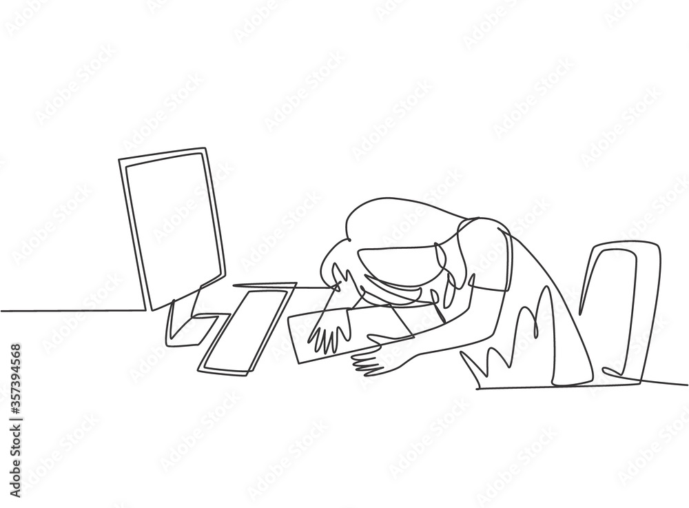 Single continuous line drawing of young tired female employee sleeping ...