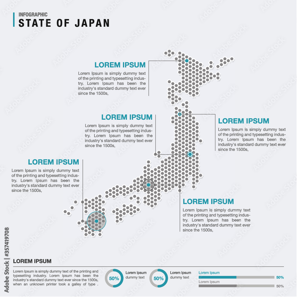 Japan country map infographics vector with pointer marks and circle ...