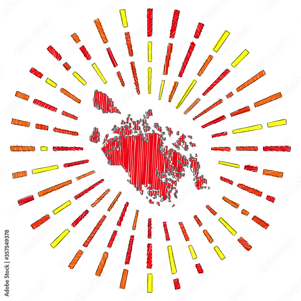Sketch map of Cat Ba Island. Sunburst around the island in flag colors ...