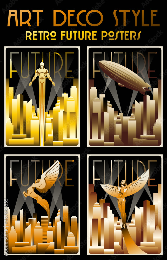 Art Deco Style Posters, Golden Cityscape, Flying Man, Dirigible ...