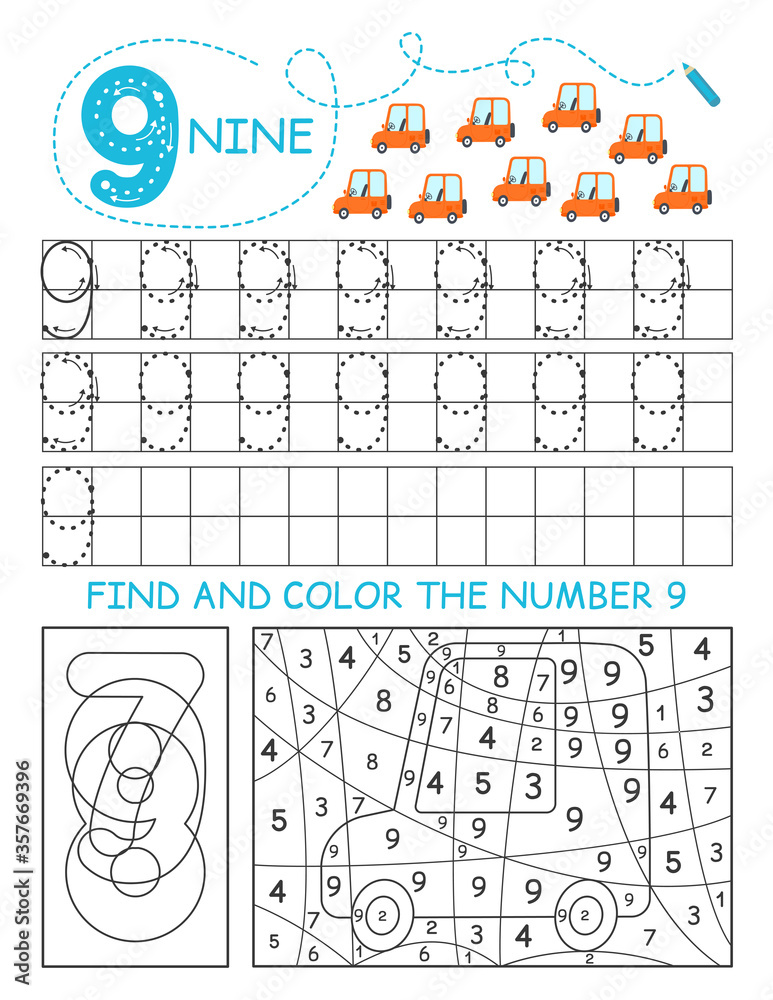 Vector de Stock Write Numbers 9. Nine Tracing Worksheet with cars for ...