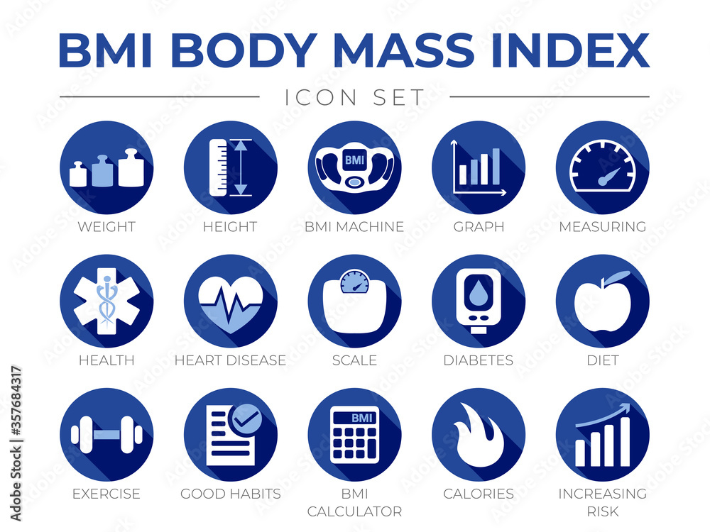 Blue BMI Body Mass Index Round Icon Set of Weight, Height, BMI Machine ...
