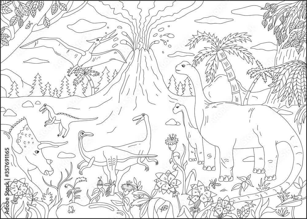 Big coloring page for children with dinosaur and ancient nature. Stock ...