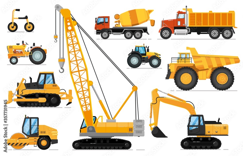 Vetor Construction vehicle set. Heavy machines for building work. Isolated crane, excavator ...