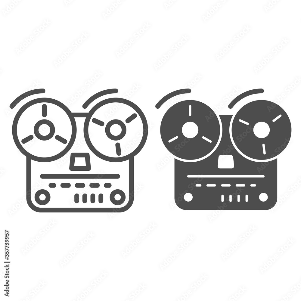 Tape recorder line and solid icon, Music concept, Old reel tape ...