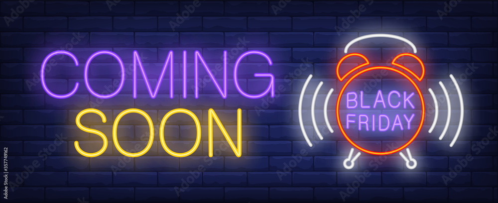 Coming soon, black Friday neon text with ringing alarm clock. Sale ...