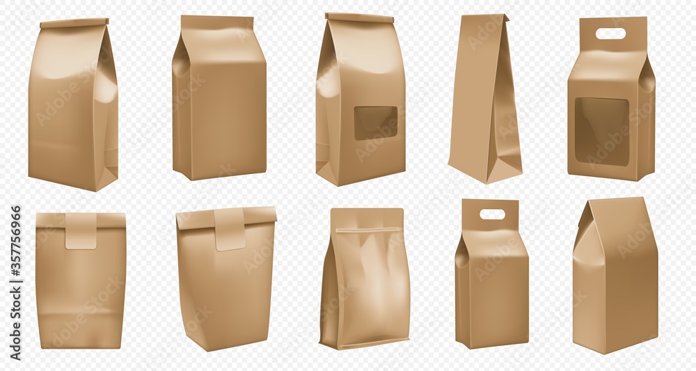 Takeout food craft package template. Brown bag mockup for pack design ...