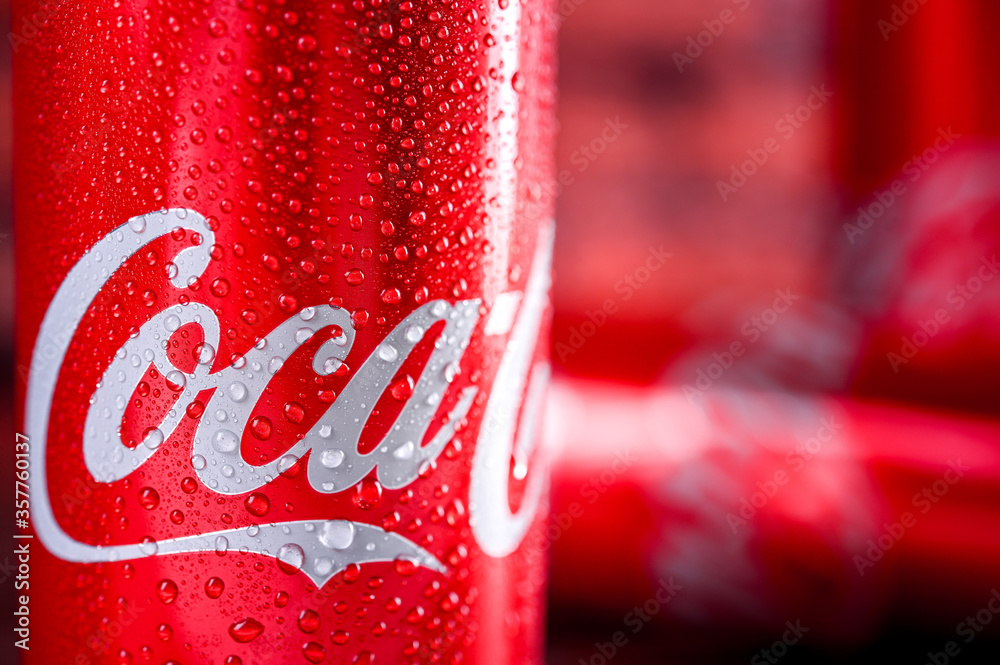 A can, tin of fresh Coca Cola drink with brick wall backround. Coca ...
