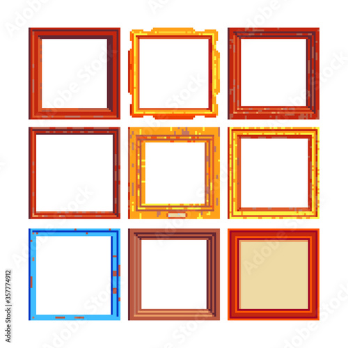 Set of gallery picture frames. Wooden and gold baguette. Pixel art ...