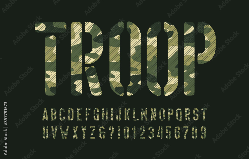 Troop alphabet font. Stencil camo letters and numbers on a dark green ...