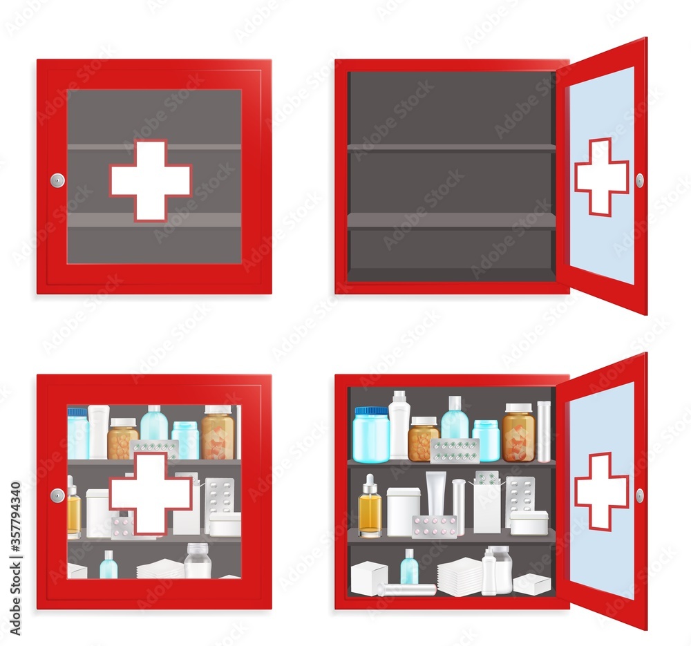 Medical wall box set, vector flat isolated illustration. Red medicine ...