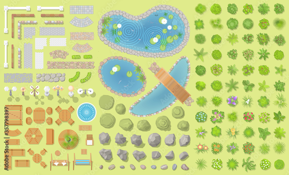 Set of park elements. (Top view) Collection for landscape design, plan ...