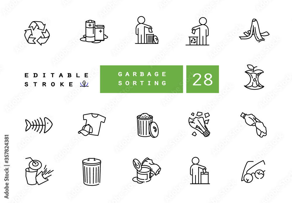 Environmental pollution vector linear icons set. Elements garbage ...