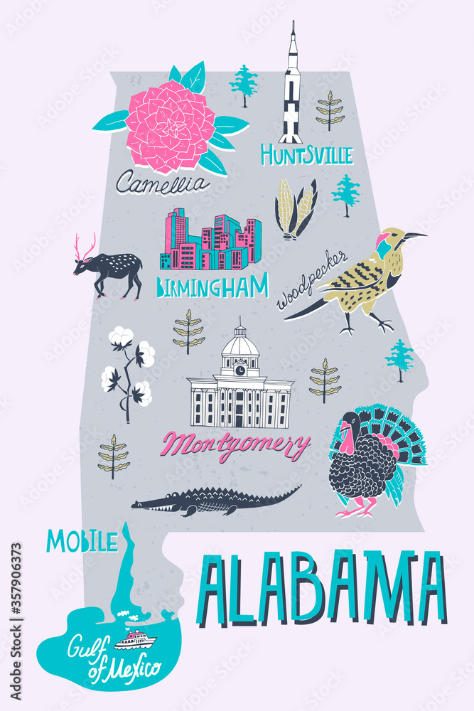 Illustrated map of Alabama state, USA. Travel and attractions Stock ...