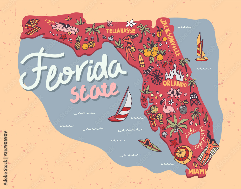 Illustrated map of Florida state, USA. Travel and attractions Stock ...