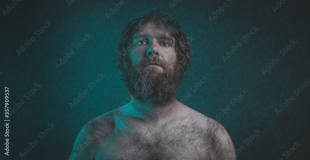 Modern prehistorc man. Bearded hipster man with facial hair and hairy ...