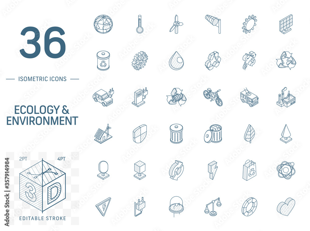 Isometric line art icon set. Vector illustration with ecology symbols ...