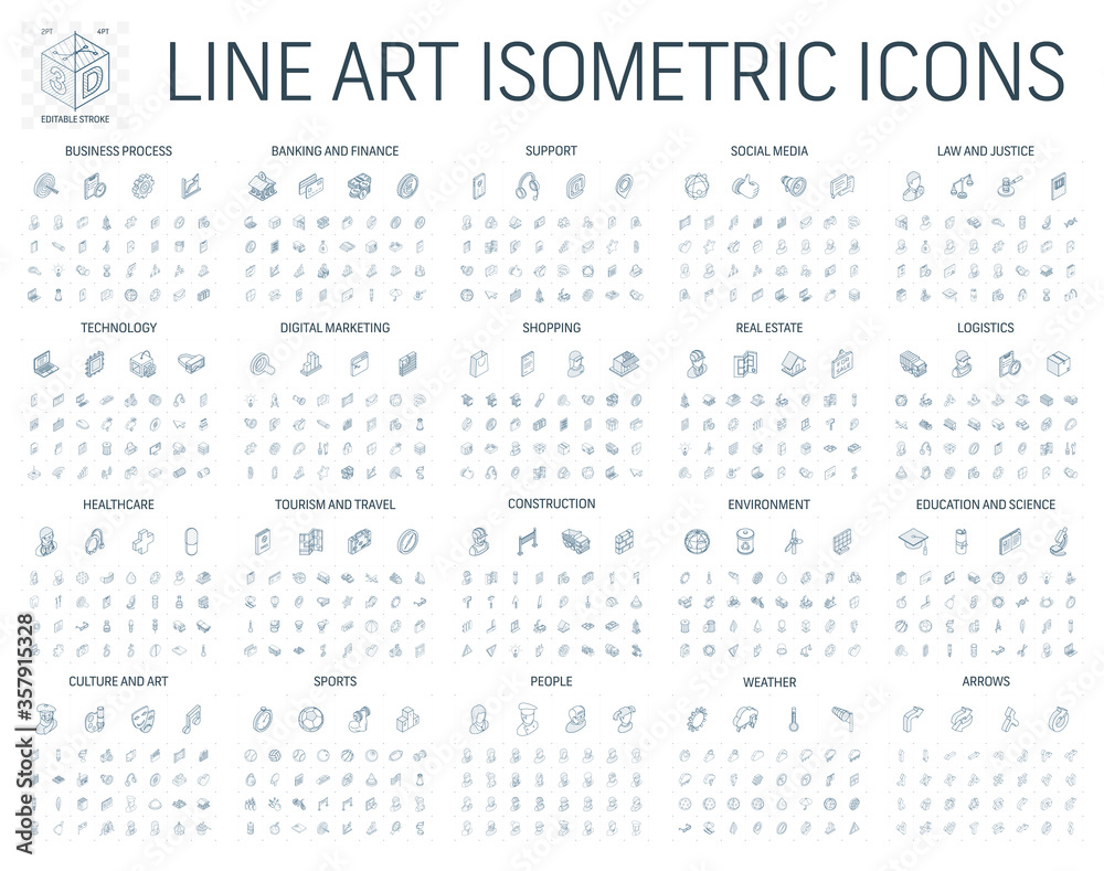 Vector illustration of isometric line art icons for business, bank ...