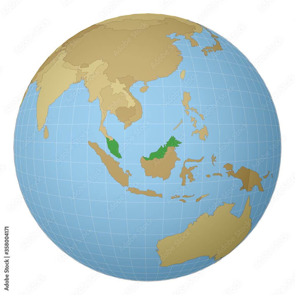 Globe centered to Malaysia. Country highlighted with green color on ...