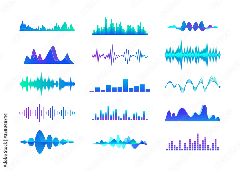 Colorful sound waves set. Multicolor audio lines, music waveforms vector illustration collection ...