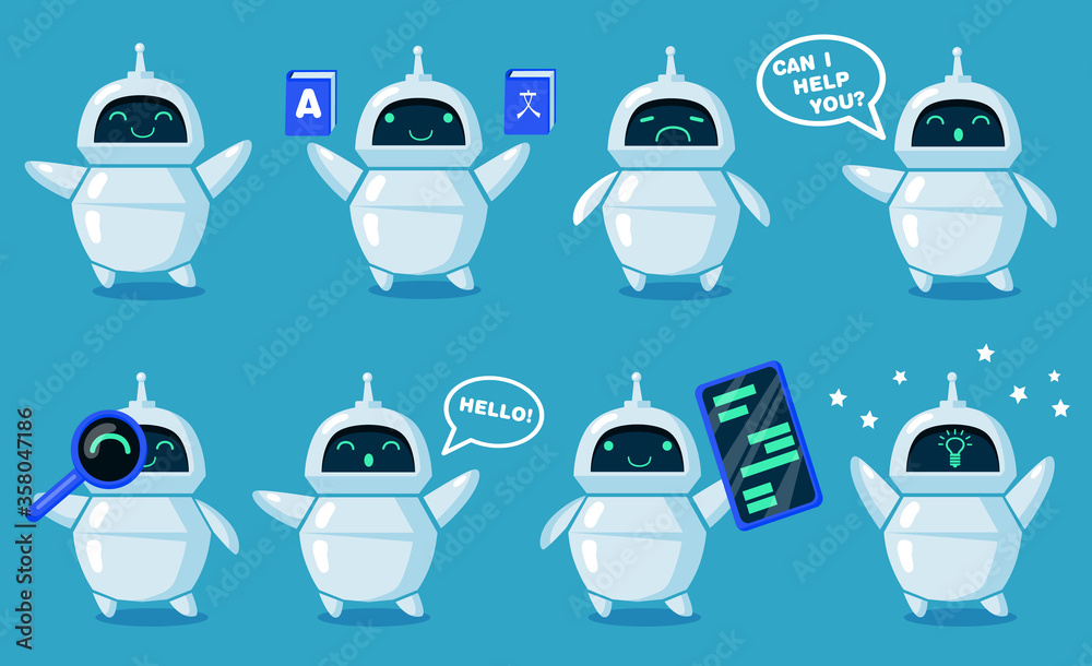 Chat bot set. Cute robot offering help, online conversation, saying ...
