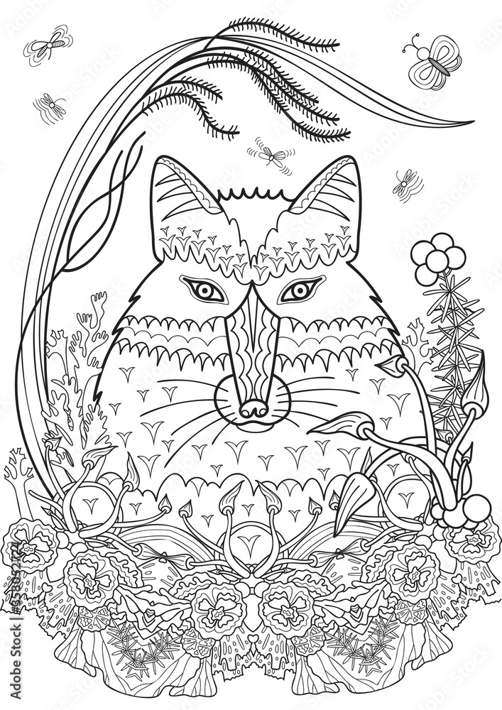 Fox in forest coloring page. Vector illustration for coloring. Outline ...