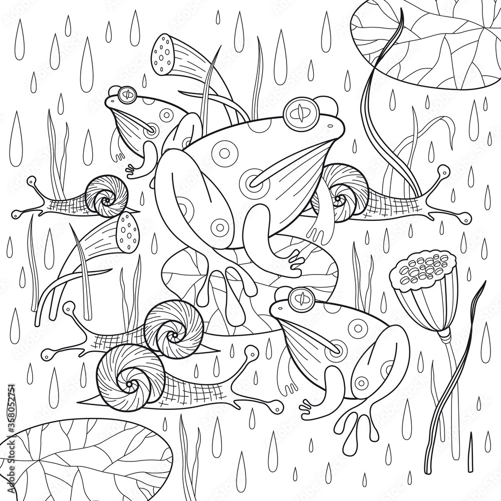 Frogs and snails under rain coloring page. Outline coloring page ...