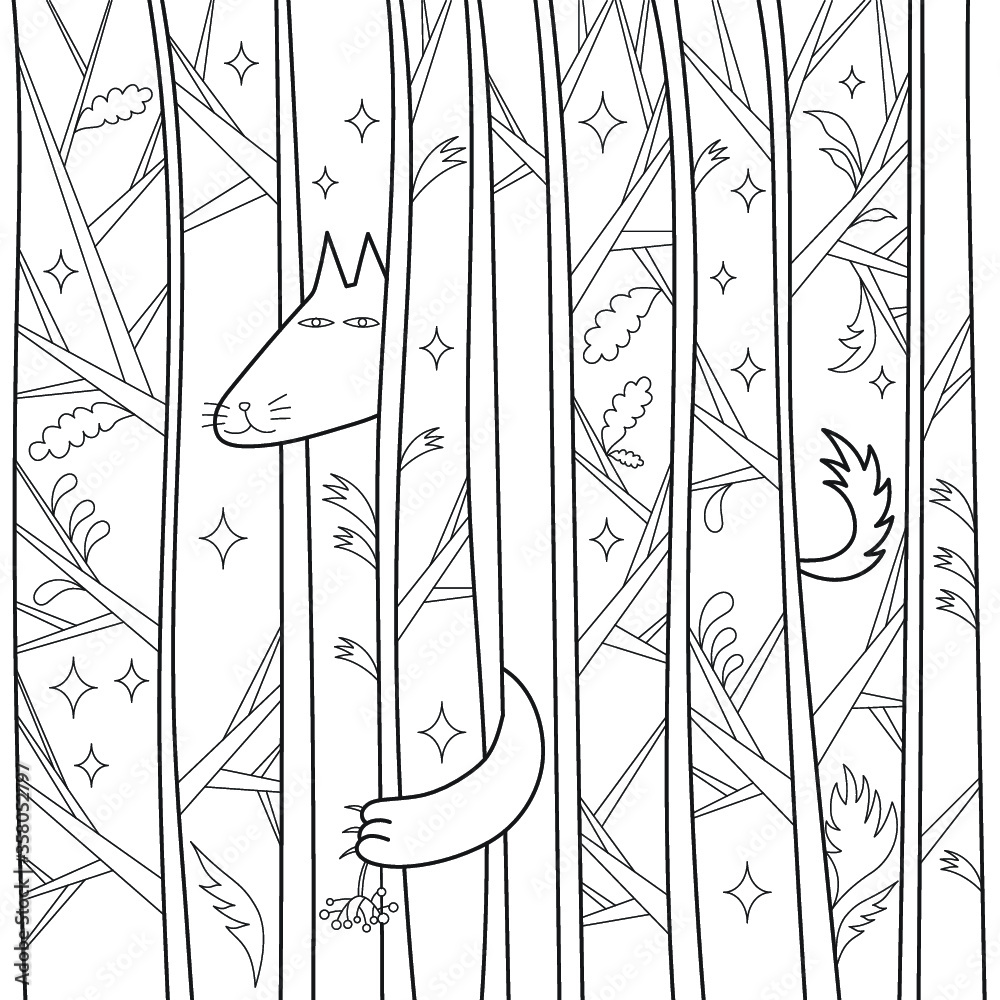 Wolf hiding in forest coloring page. Vector illustration for coloring ...