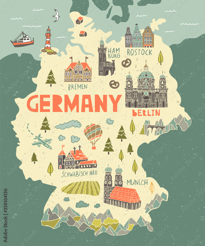 Illustrated map of Germany. Travel and attractions of Europe. Stock ...